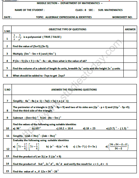 CBSE Class 8 Mathematics Algebric Expressions and Identities Worksheet ... CBSE Class 8 Mathematics Algebric Expressions and Identities Worksheet ...